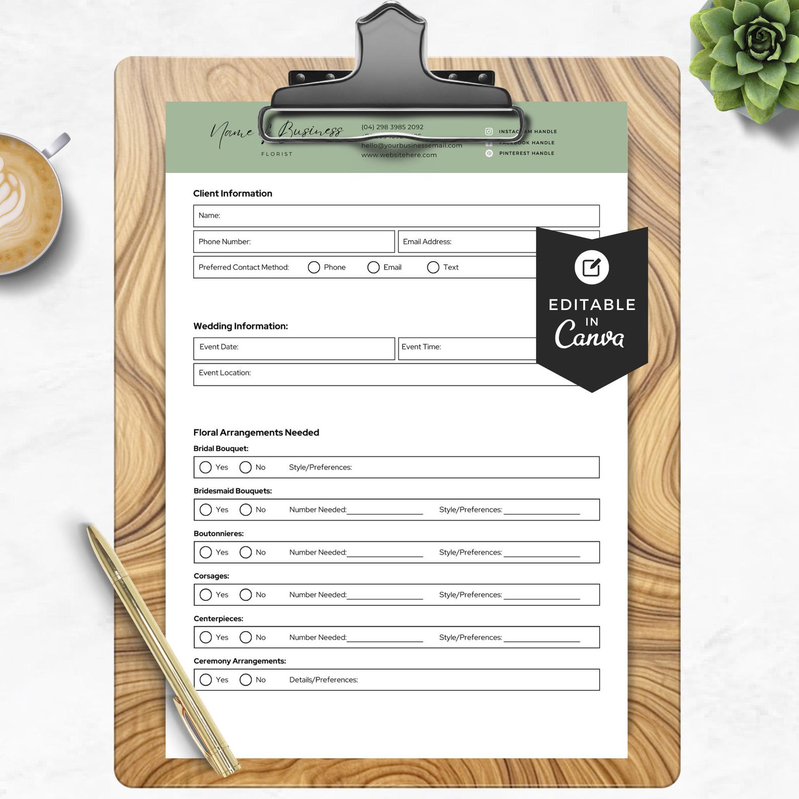 Wedding Florist Consultation Form Template Floral Design Planning Guide ...