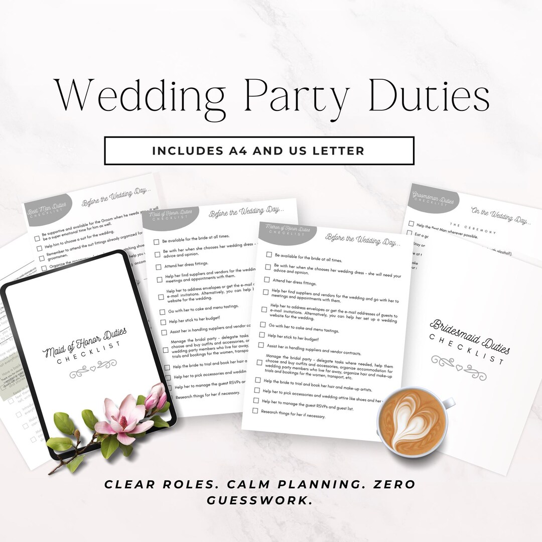 Wedding Party Planner Checklist Printable Bundle Bridesmaid Duties Maid ...