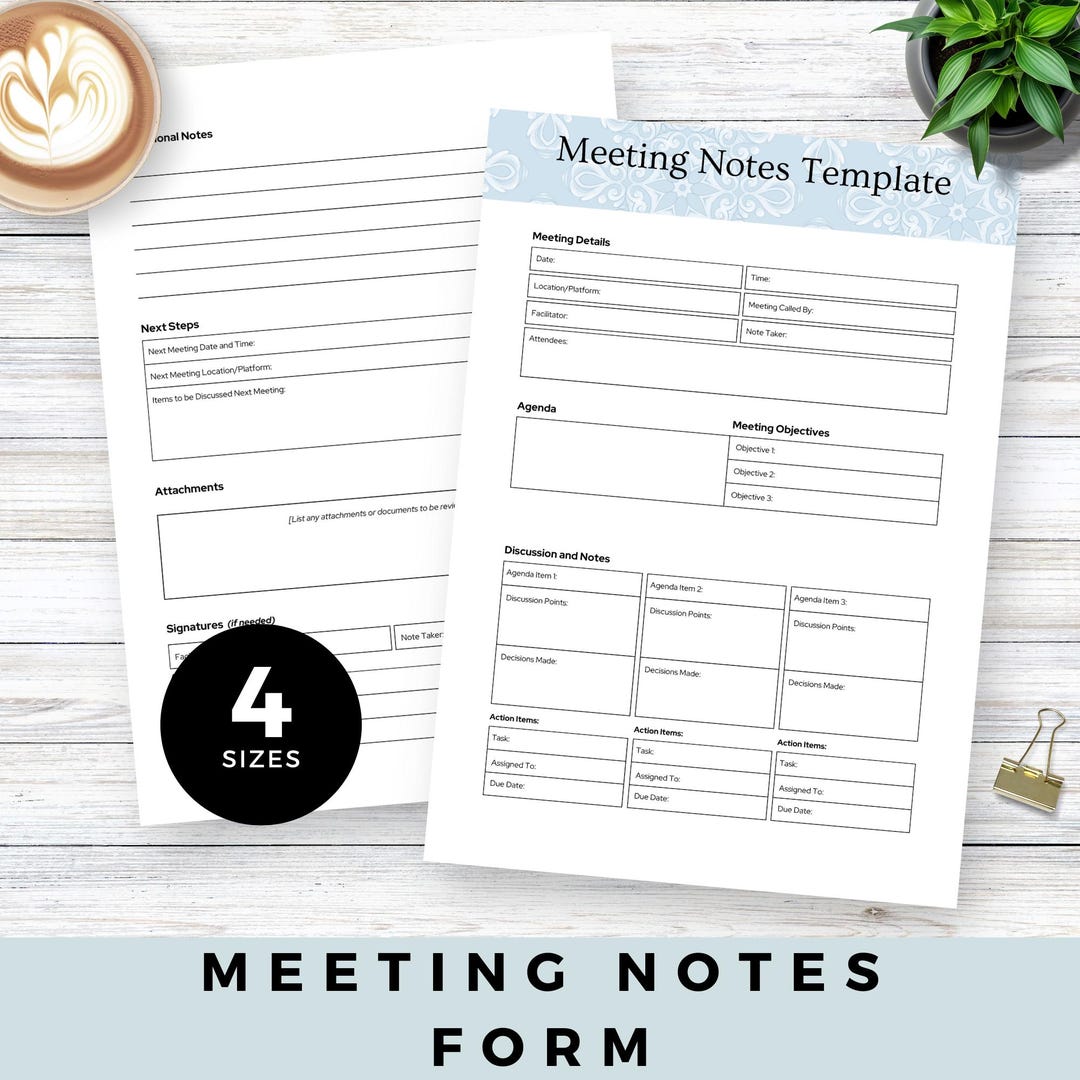 Meeting Notes Template Printable for Business Agenda, Project Planning ...