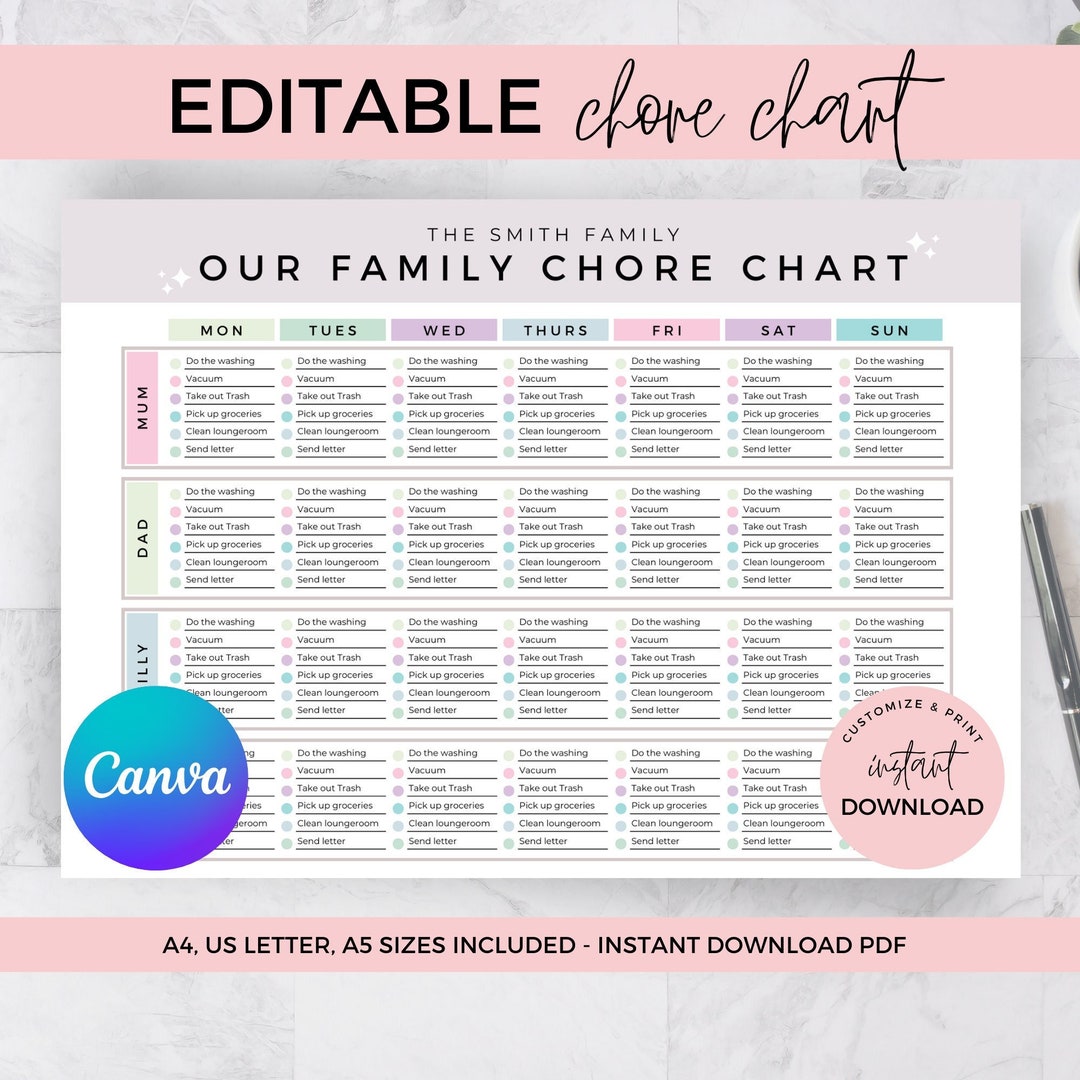 Buy Editable Chore Chart for Kids Customizable Daily Responsibility ...