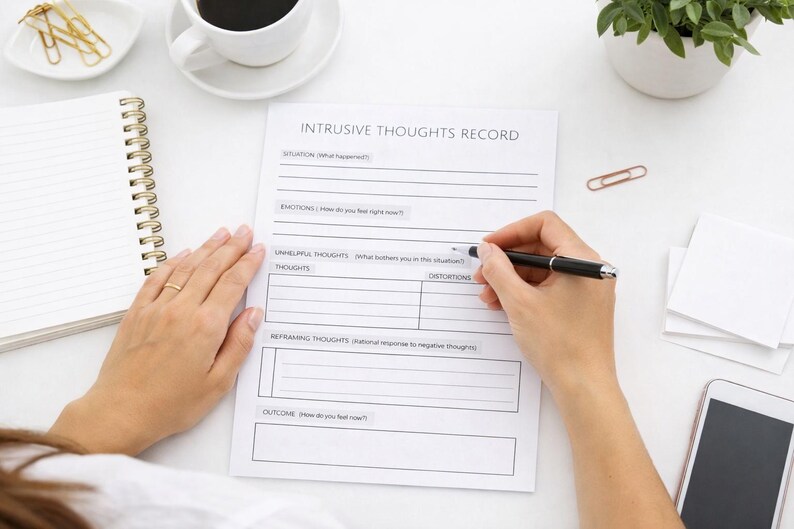 Intrusive Thoughts Worksheet Printable, Minimal CBT Thought Record ...