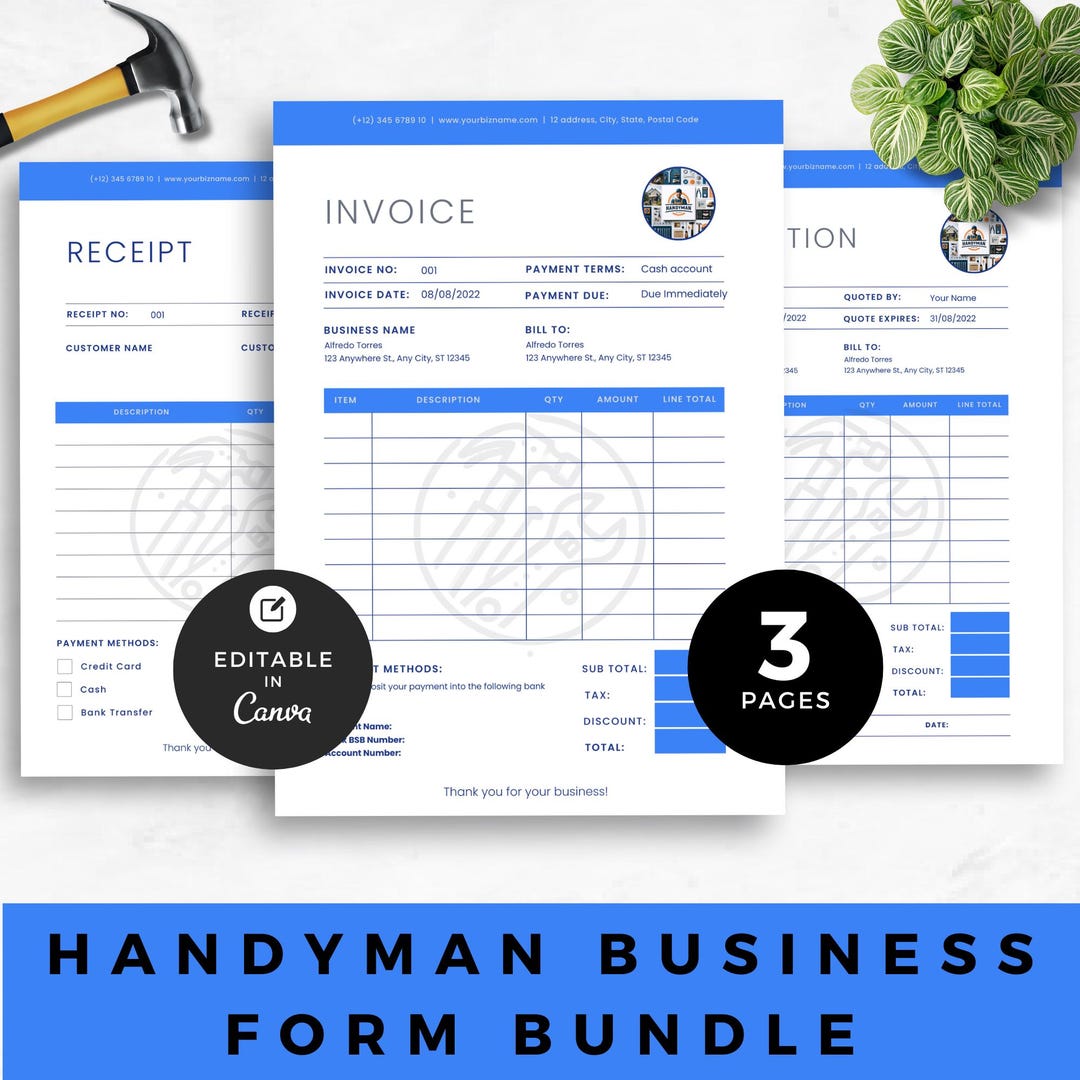 Handyman Form Bundle Template for Home Repair Services Invoice Editable ...