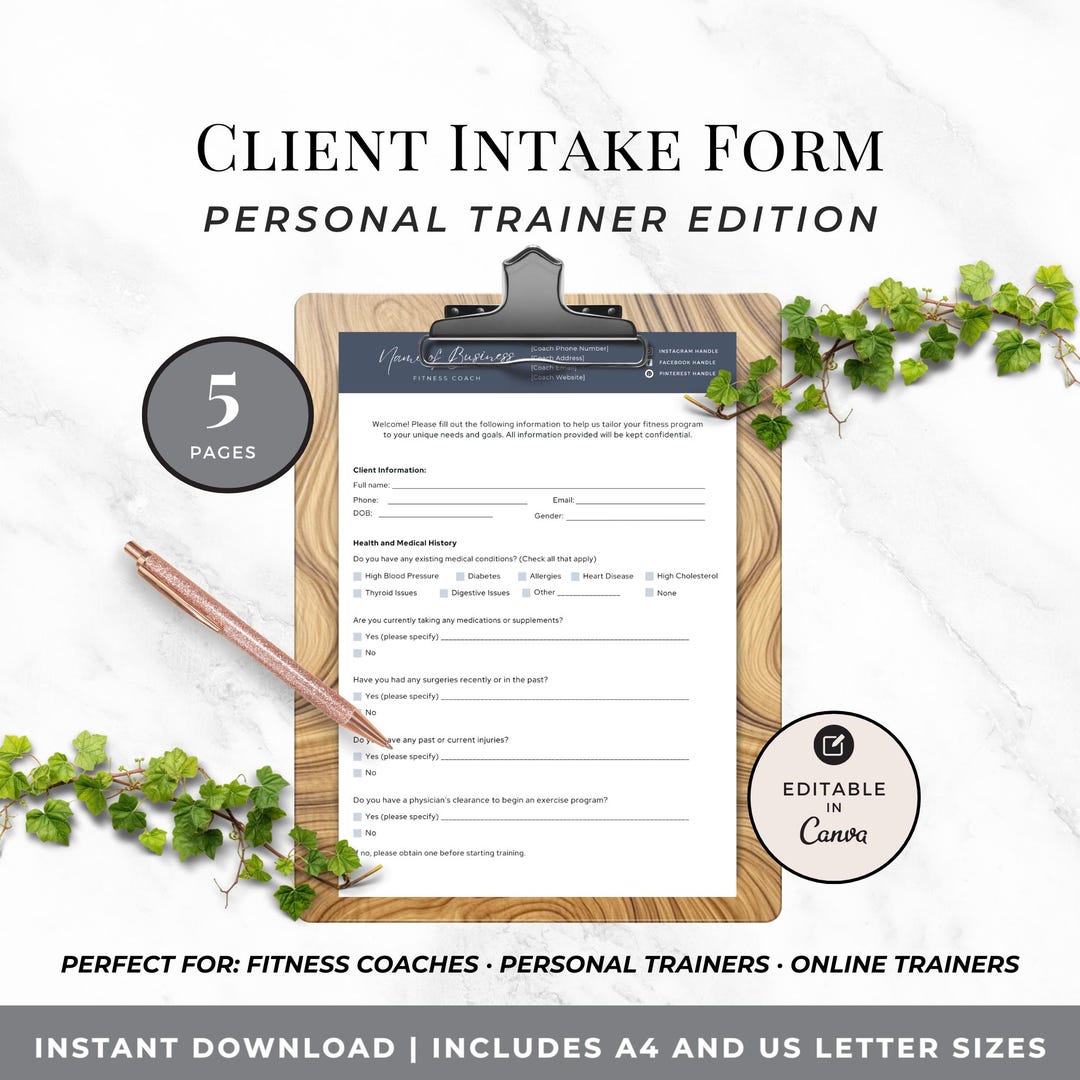Client Intake Form for Personal Trainers, Fitness Template, Editable ...