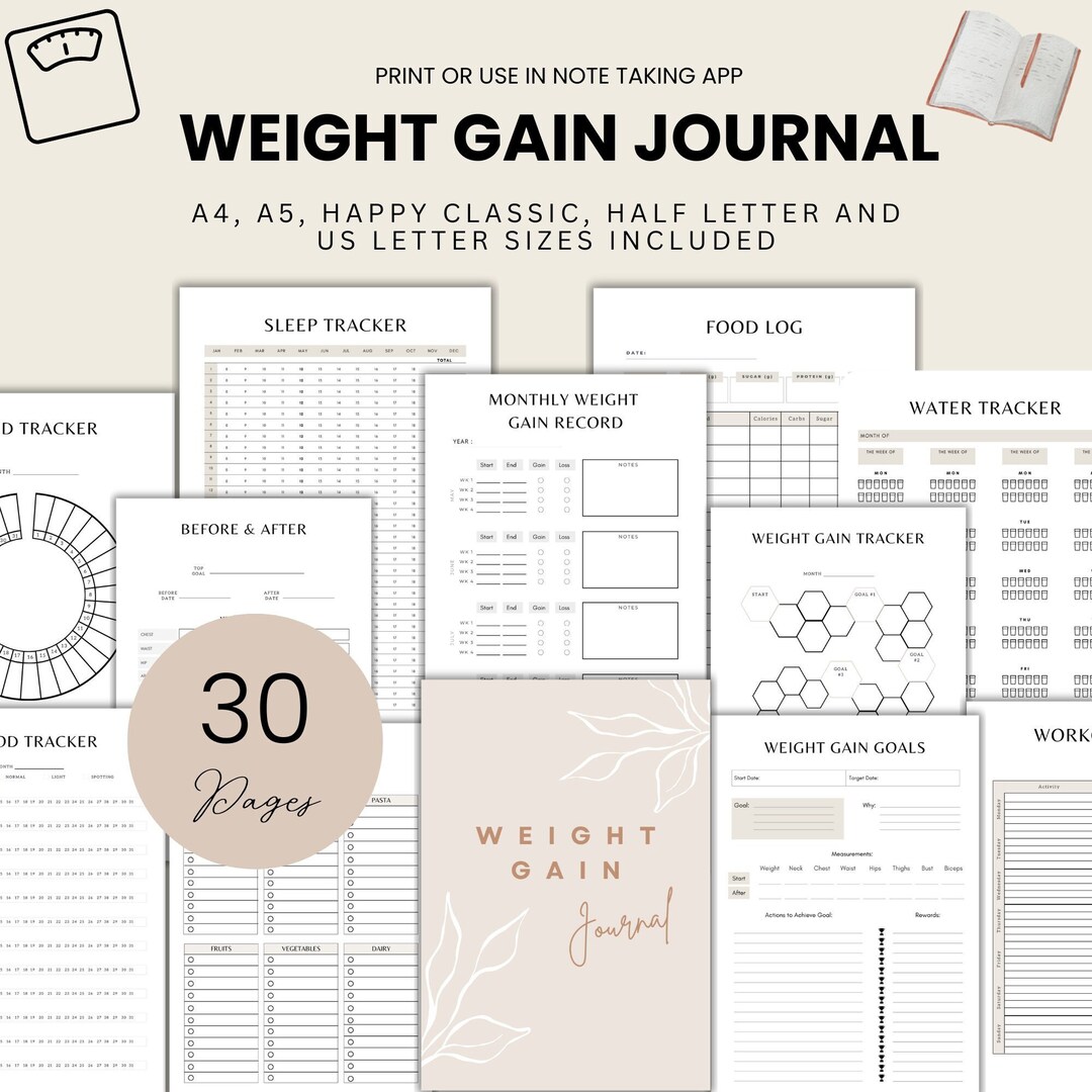 Weight Gain Journal Printable Workout Tracker Body Measurement Log Meal ...