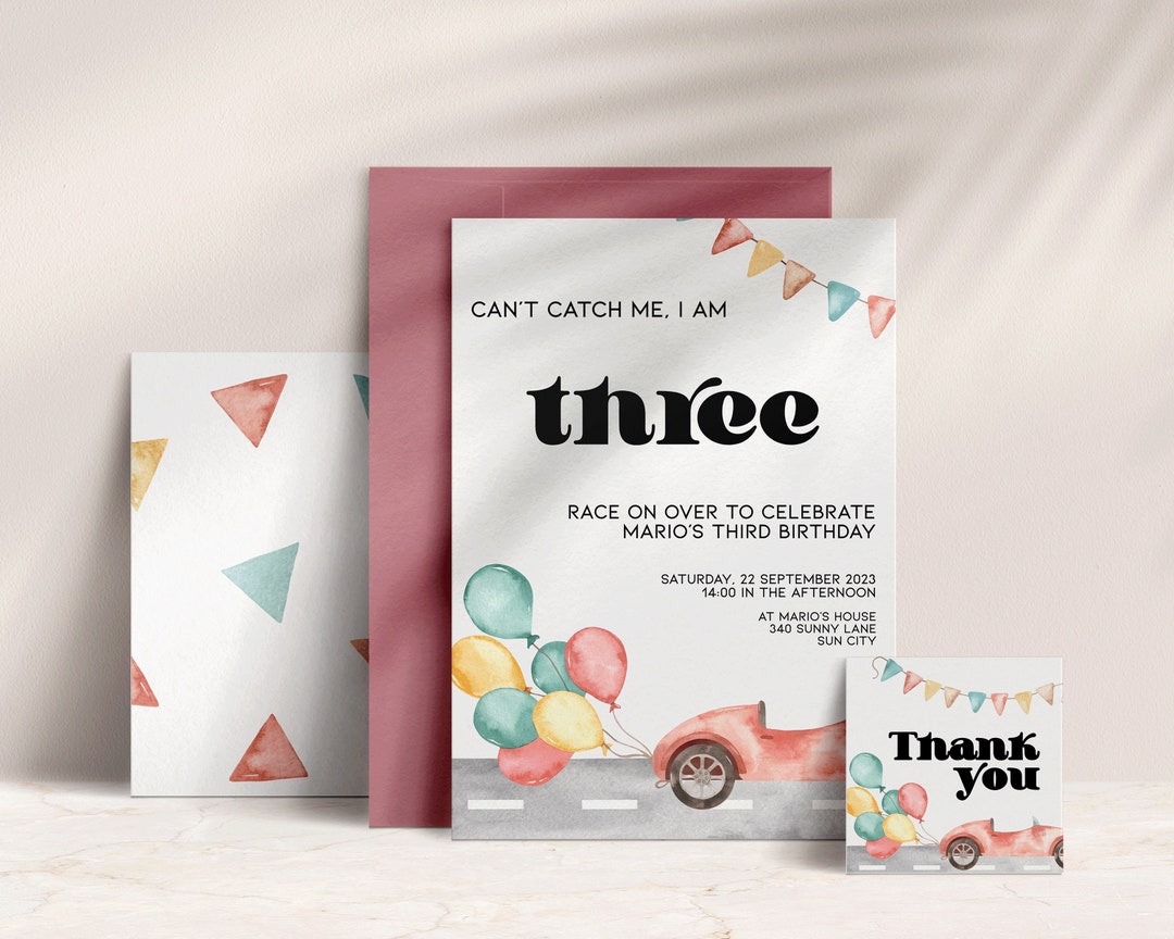 Editable Race Car I Am Three Birthday Invitation, Red 3rd Party Invite ...