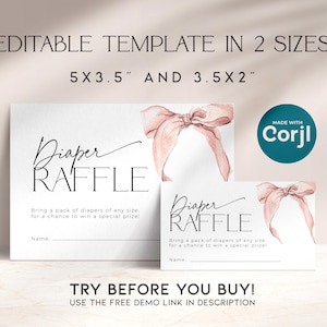 Pink Bow Diaper Raffle Ticket Invite Insert, Editable Coquette Sprinkle ...