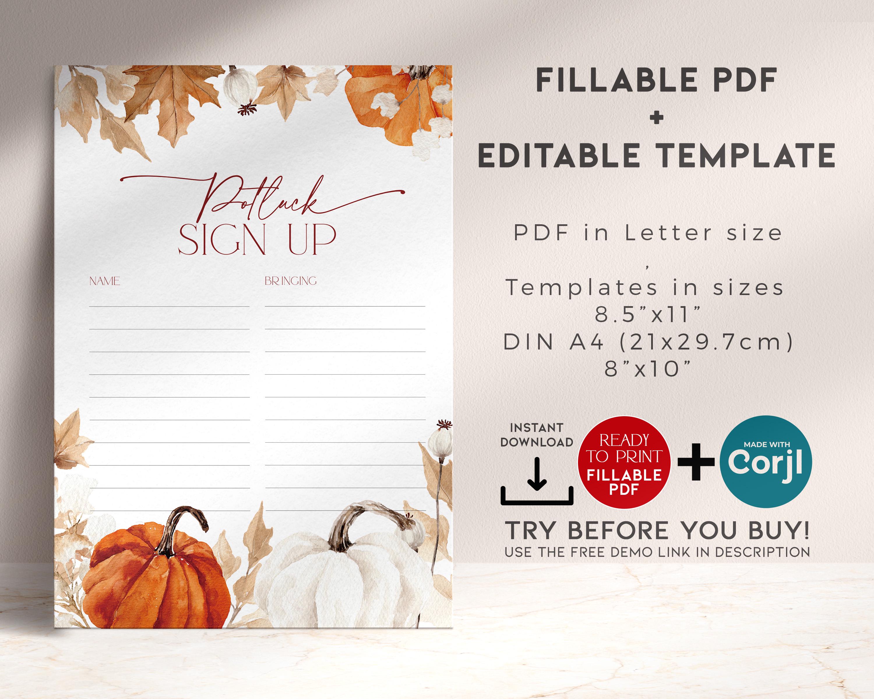 Thanksgiving Sign-up Sheet, Fall Food Potluck Sign up List, Pumpkin ...