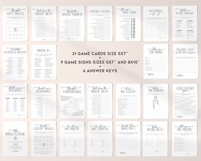 Minimalist Bridal Shower Games Bundle PRINTABLE, Simple Custom Bridal ...