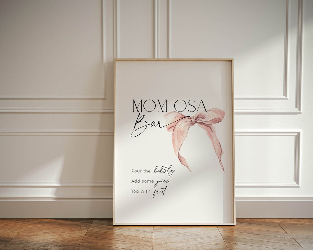 Pink Bow Mom-osa Bar Sign, Blush Watercolor Ribbon Baby Shower Drinks ...