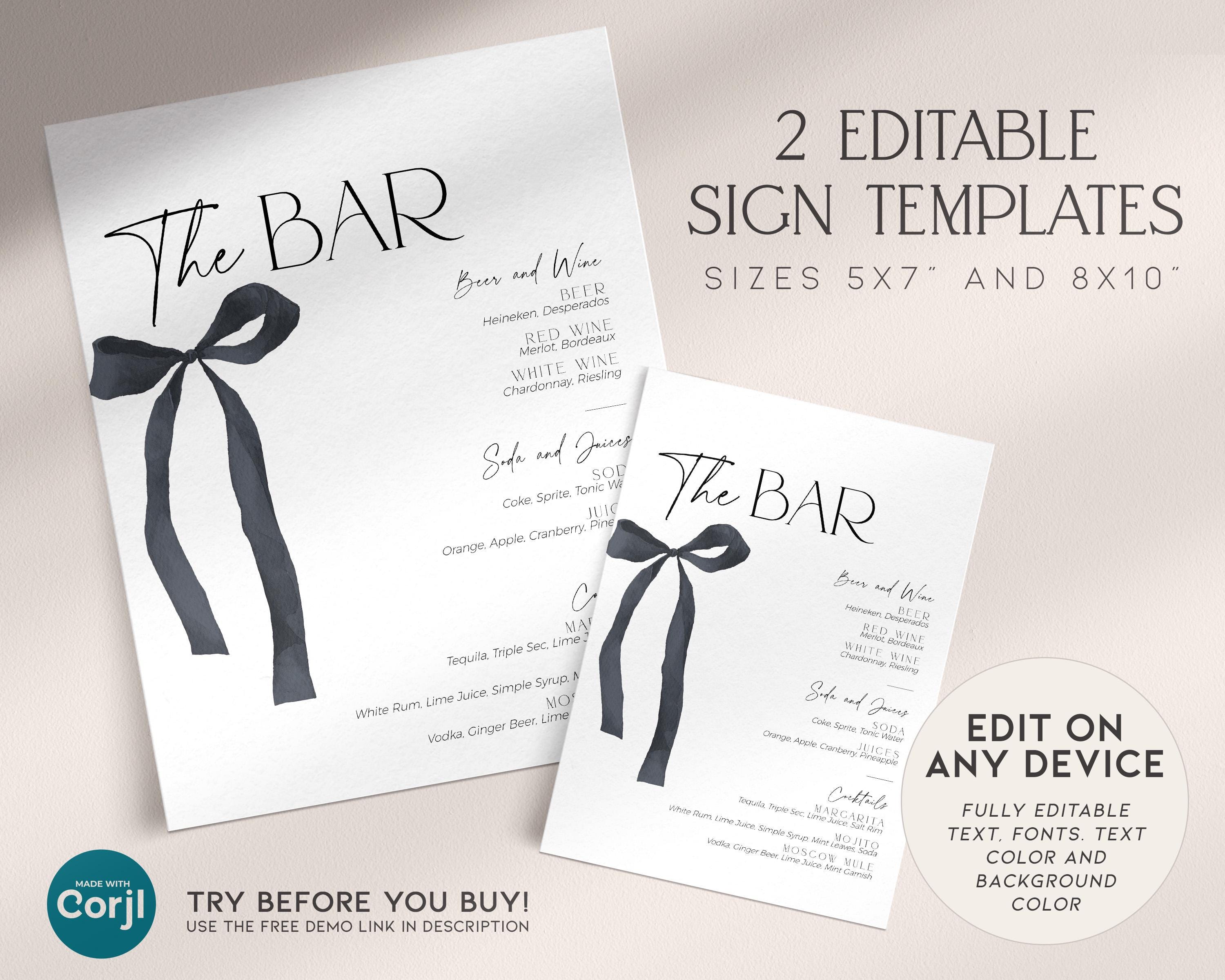 Black Bow Bar Menu Sign Bridal Shower Card, Shes Tying the Knot ...