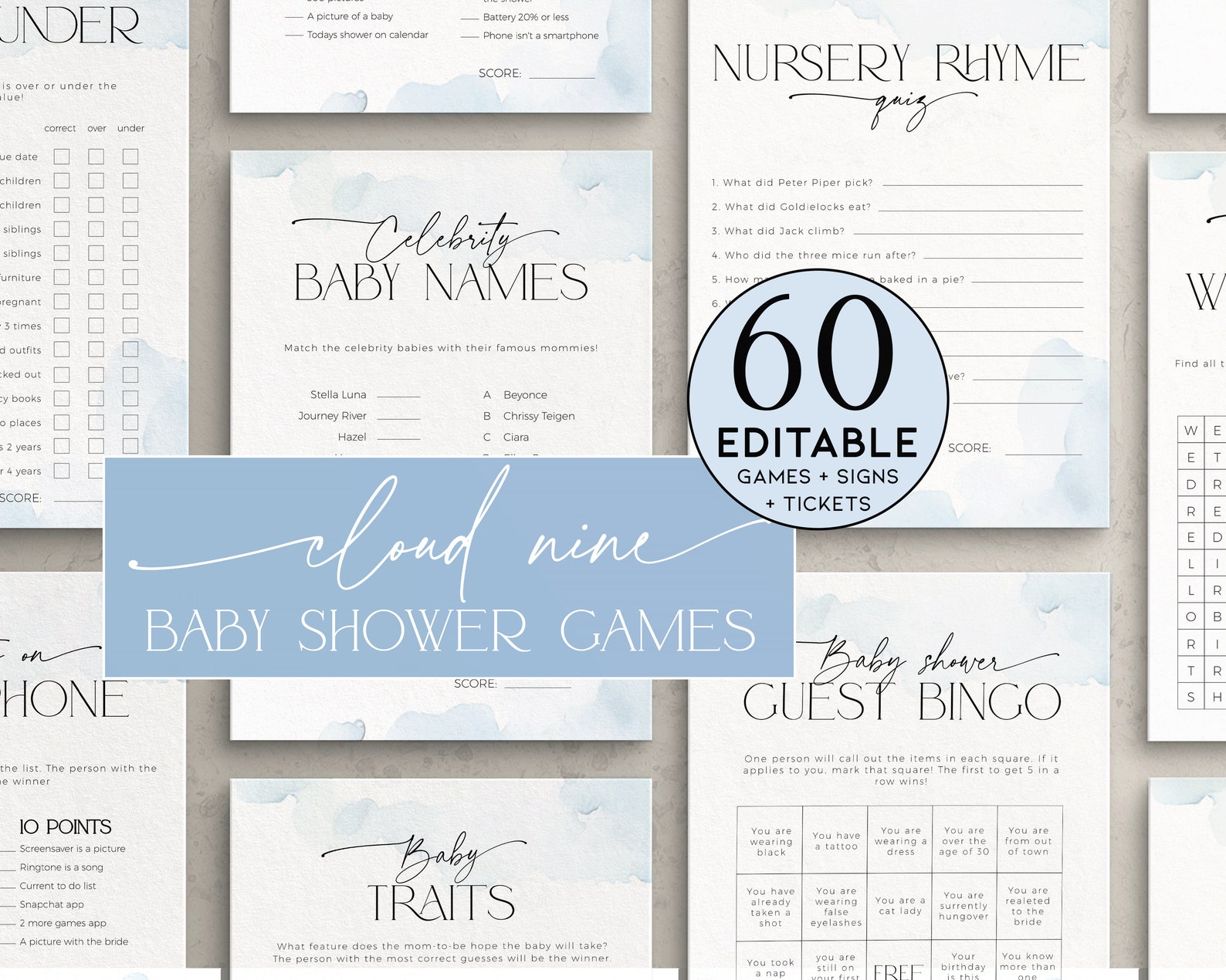 Cloud Nine Baby Shower Game Bundle PRINTABLE, Activity Pack Blue Cloud ...