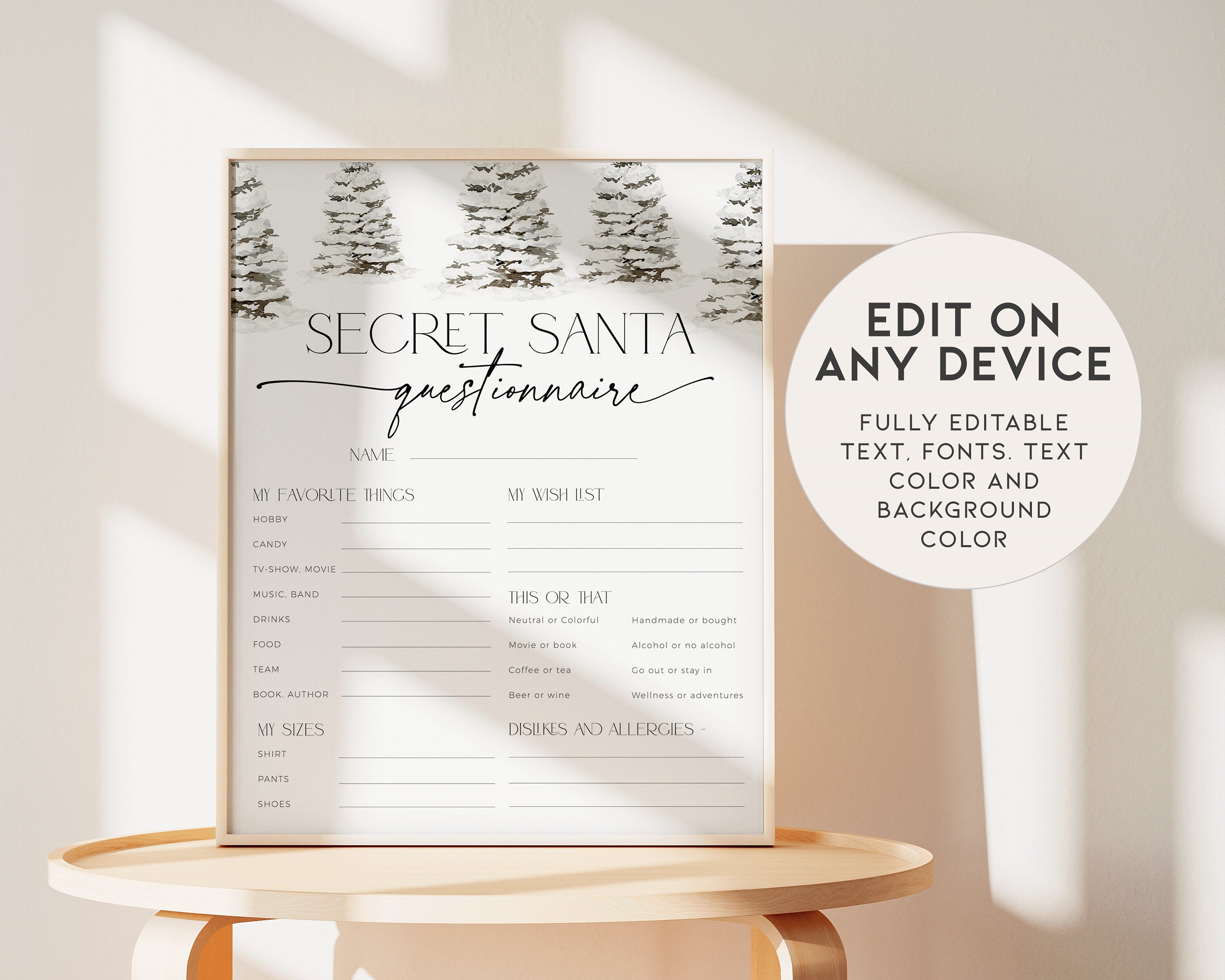 Secret Santa Questionnaire Template, Printable Office Christmas Party ...