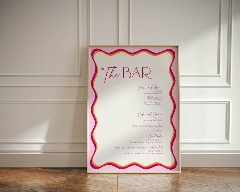 Bar Menu Sign Wavy Border Bridal Shower, Modern Pink Bach Party Drinks ...