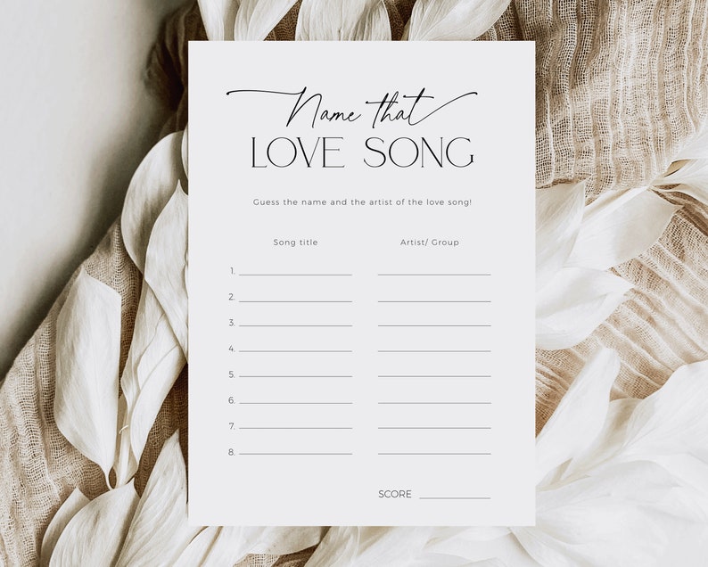 Name That Love Song Game Printable for Bridal Shower, Minimalist ...