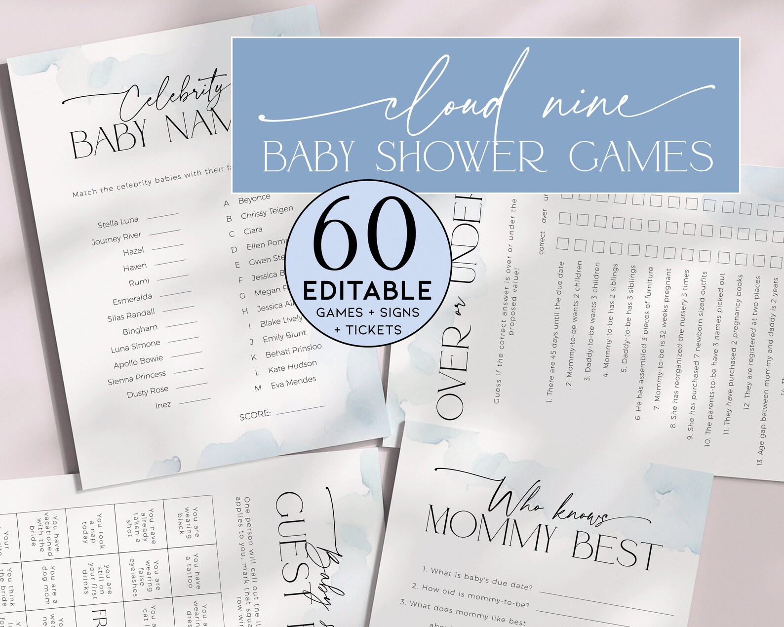 Cloud Nine Baby Shower Game Bundle PRINTABLE, Activity Pack Blue Cloud ...