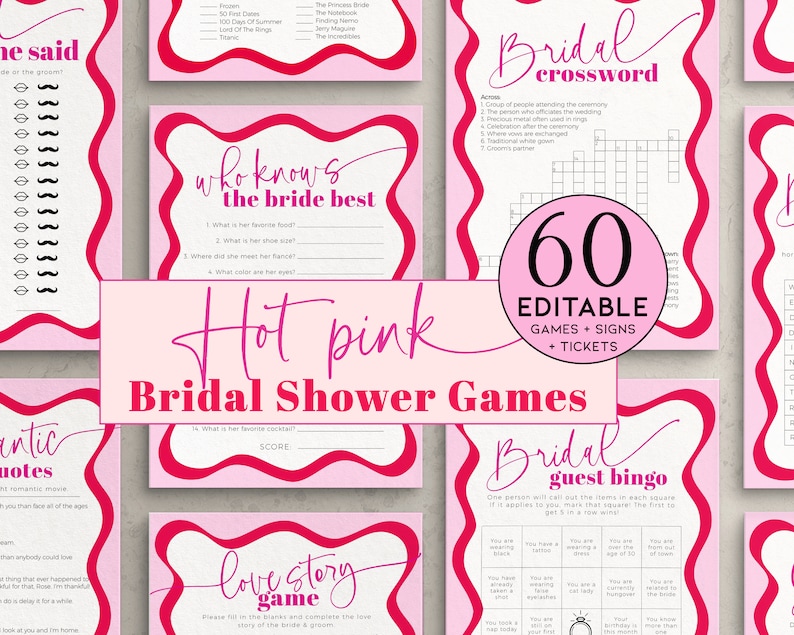 Hot Pink and Red Bridal Shower Games Wavy Border, Editable Hen Party ...