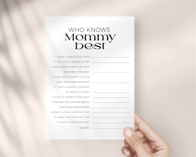 Baby Shower Games About Mom PRINTABLE, Who Knows Mommy Best Minimalist ...
