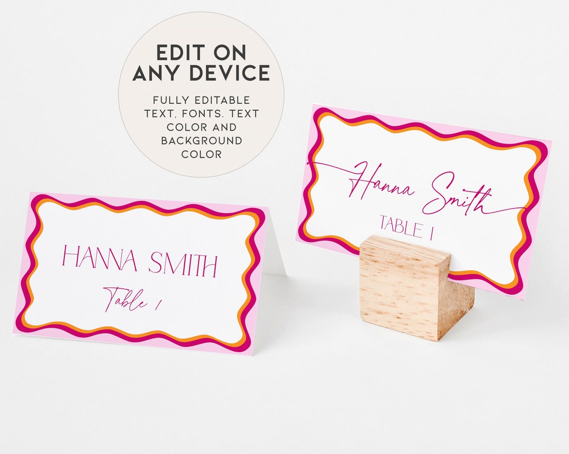 Wavy Border Place Card Baby Shower, Pink Red Family Event Table Name ...