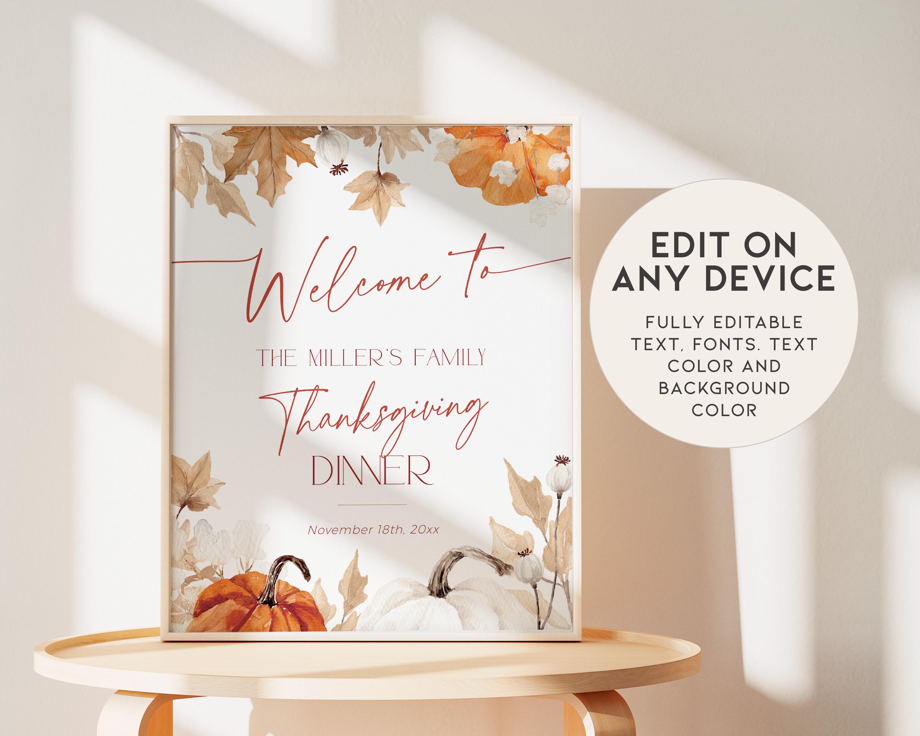 Thanksgiving Dinner Welcome Sign Printable, White Pumpkin Fall Festival ...