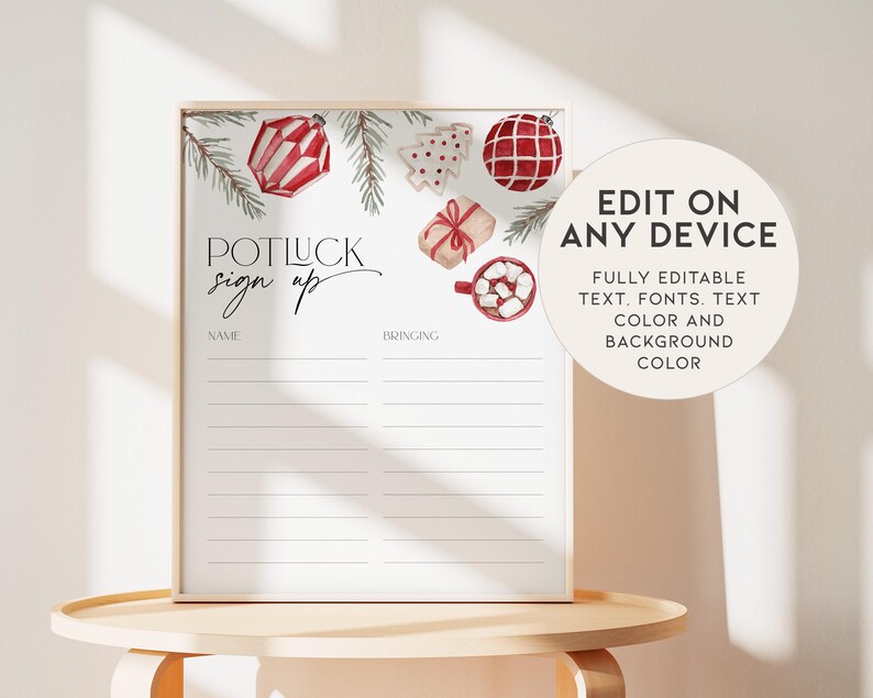 Christmas Potluck Sign up Sheet Template, Printable Xmas Dinner Food ...