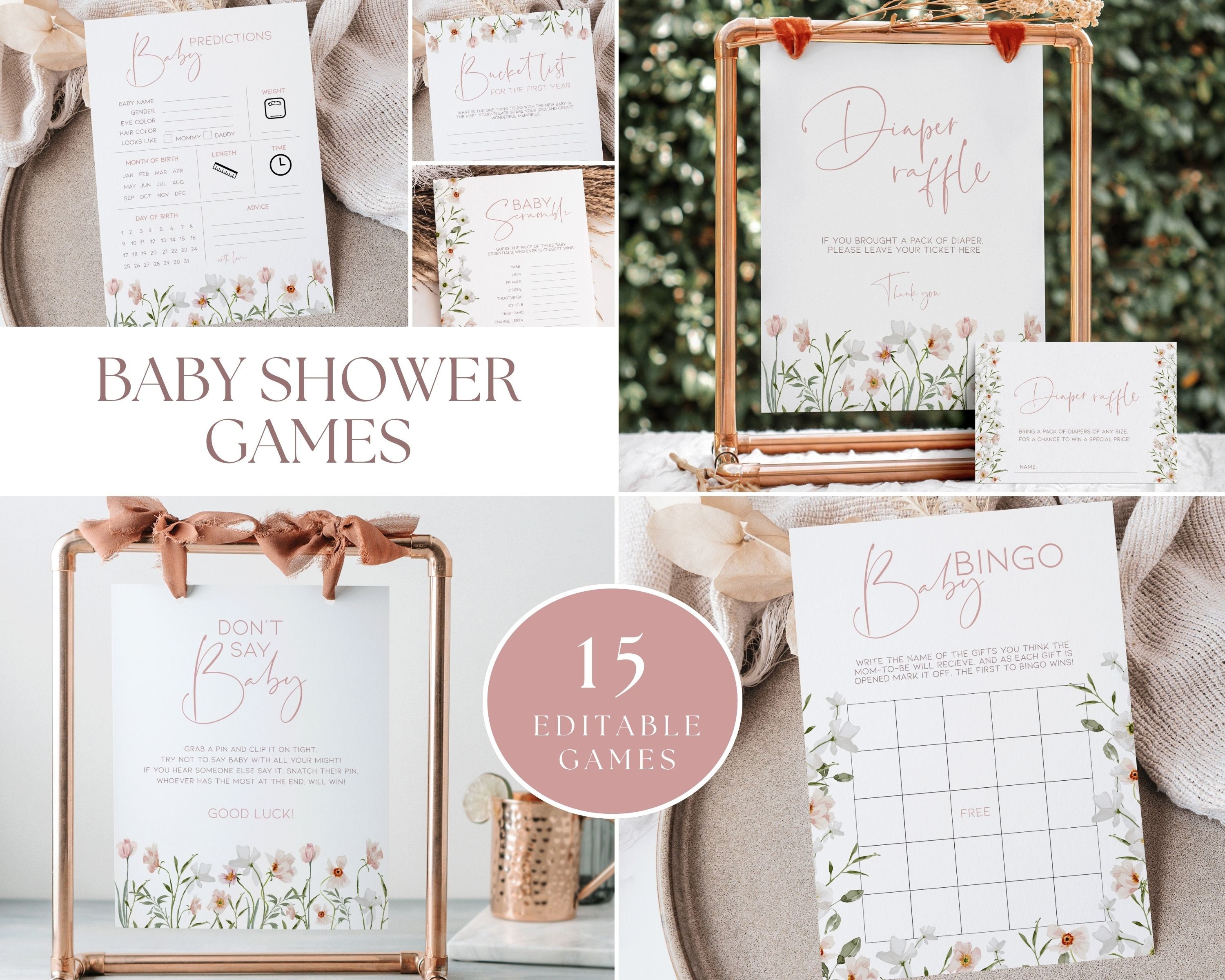 Blush Pink Baby Shower Games Bundle, Spring Baby in Bloom Mom-to-be ...