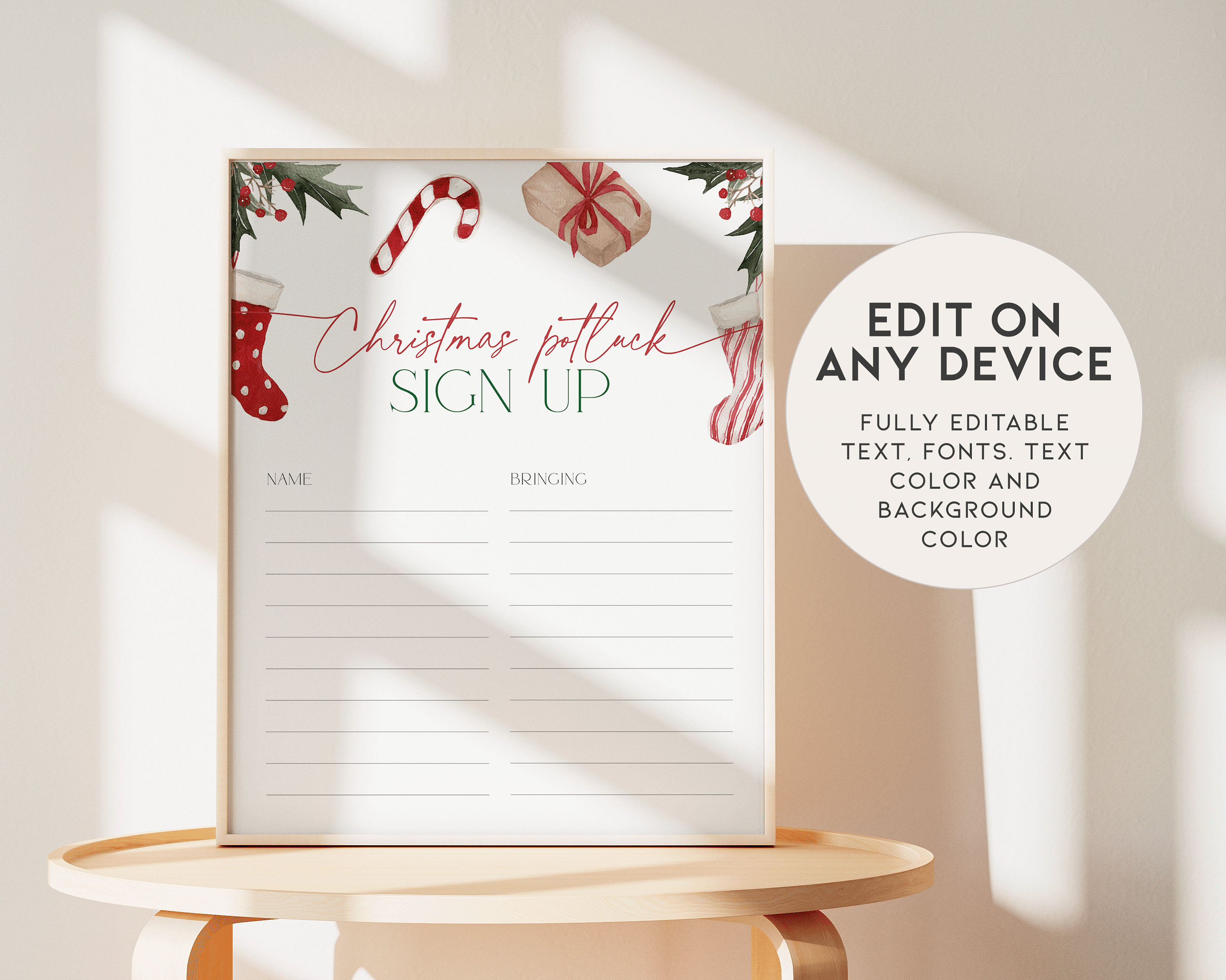 Christmas Potluck Sign up Sheet Template Editable, Printable Xmas ...