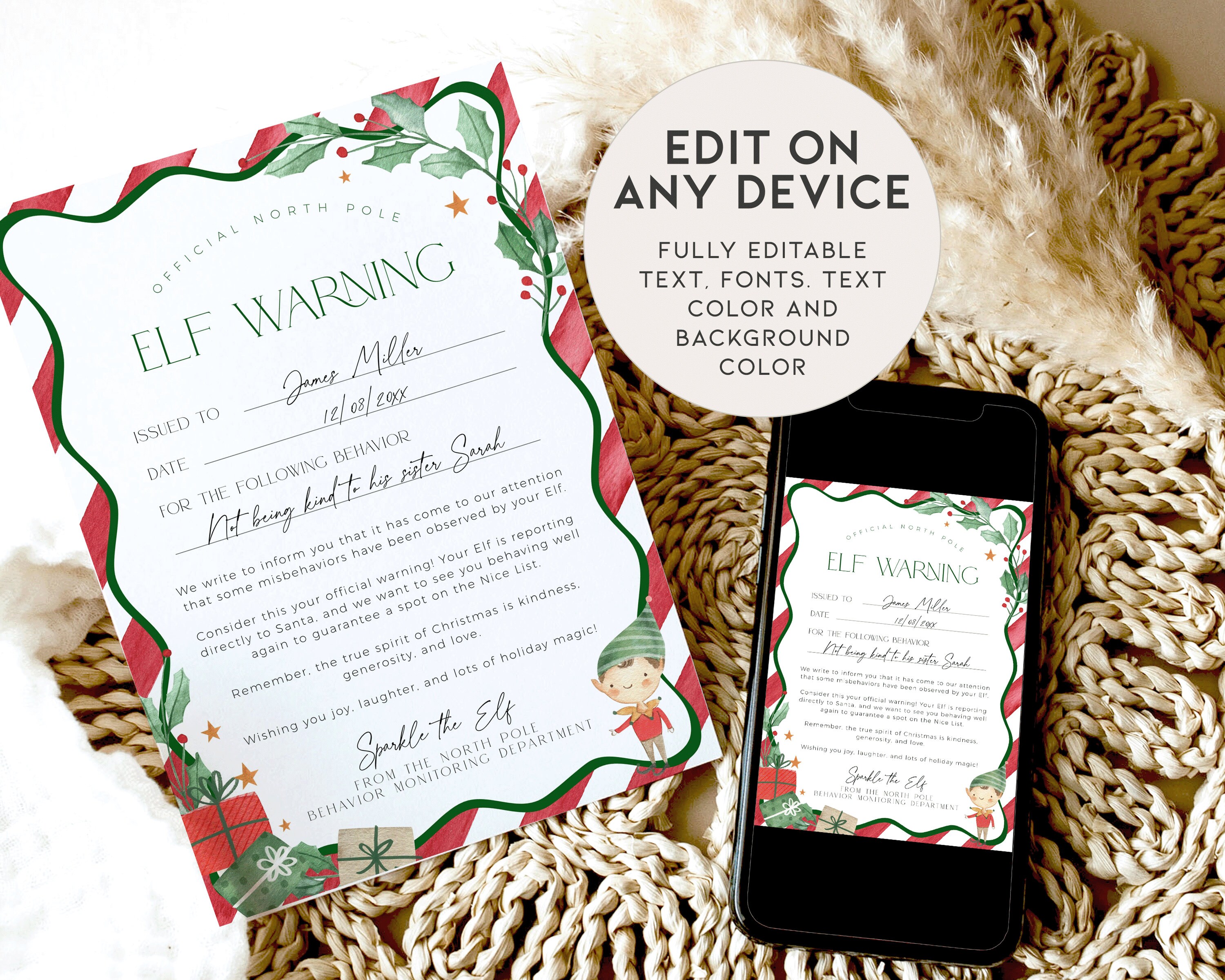 Elf Warning Letter PRINTABLE, Red Elf Boy Report Card Digital Download ...