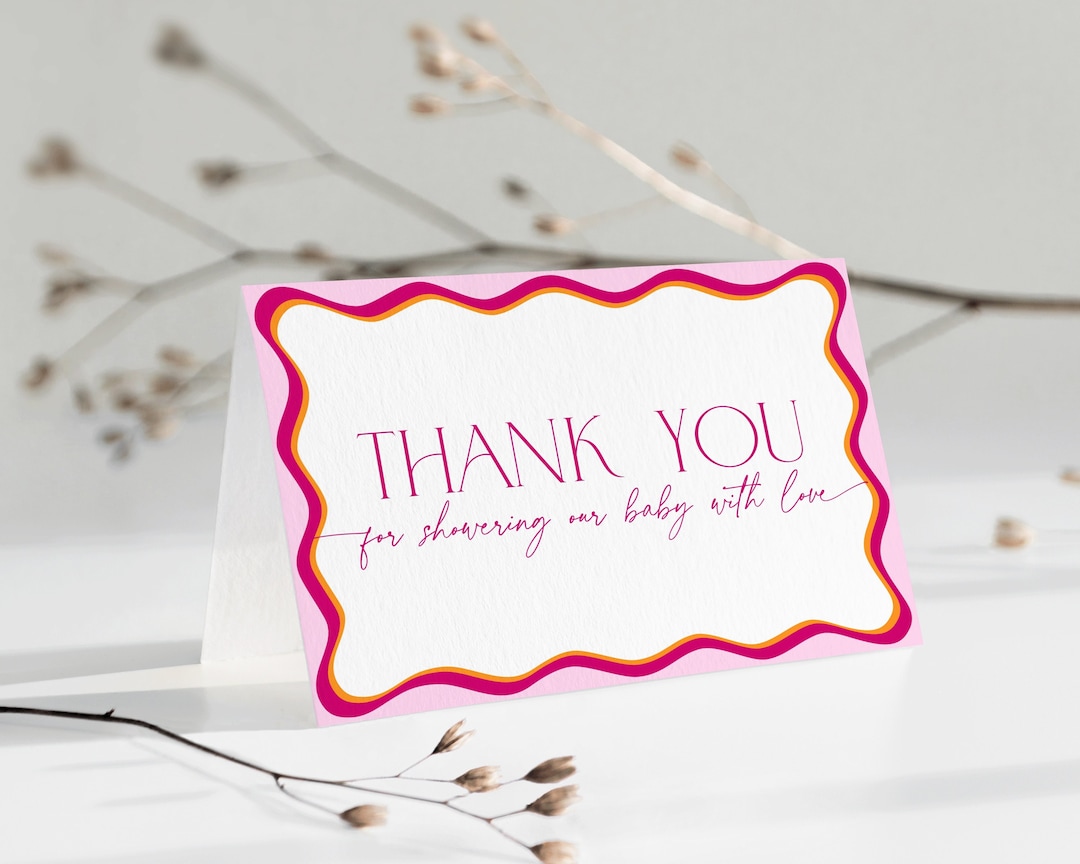 Wavy Border Baby Shower Thank You Note INSTANT DOWNLOAD, Fuchsia Pink ...