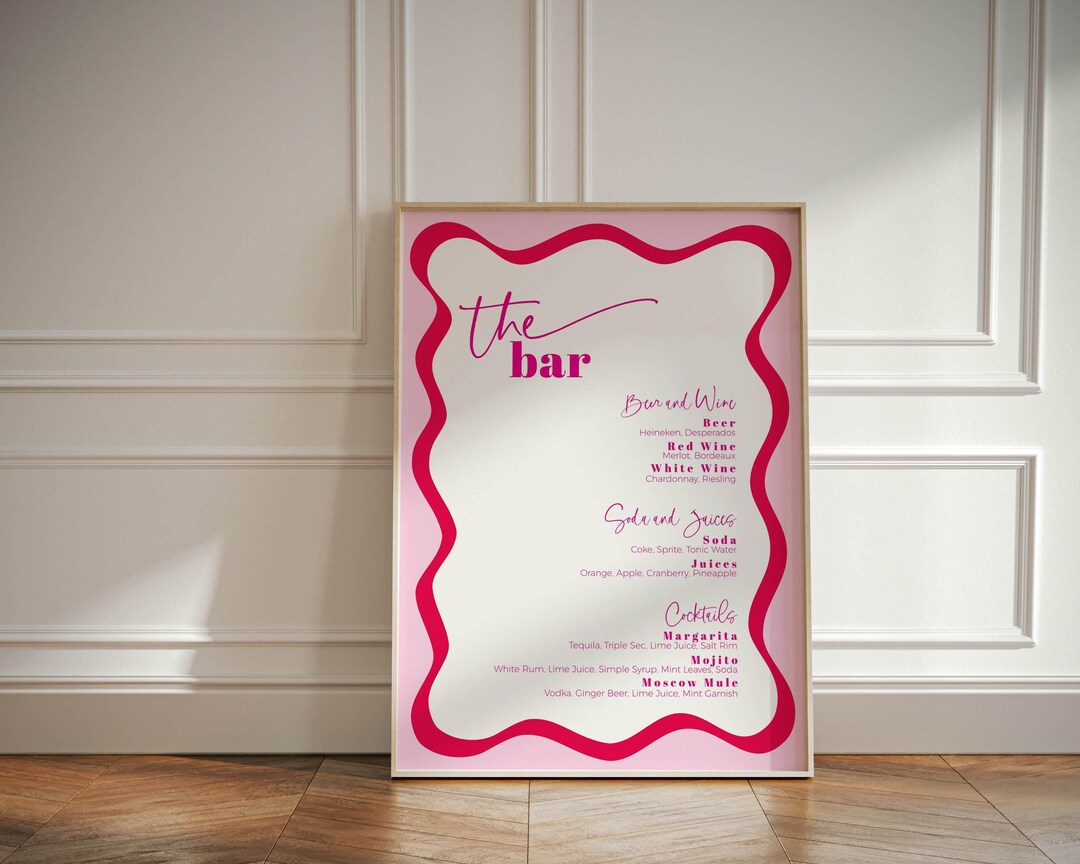Hot Pink Wavy Border Cocktail Bar Sign Bridal Shower, Drink Menu Baby ...
