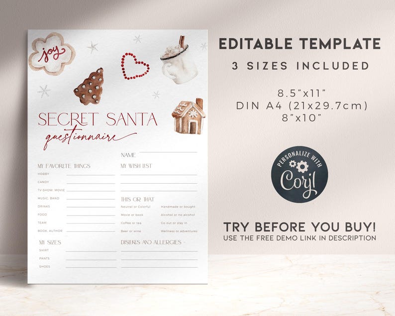 Secret Santa Questionnaire Template Gingerbread, Christmas Cookie Party ...