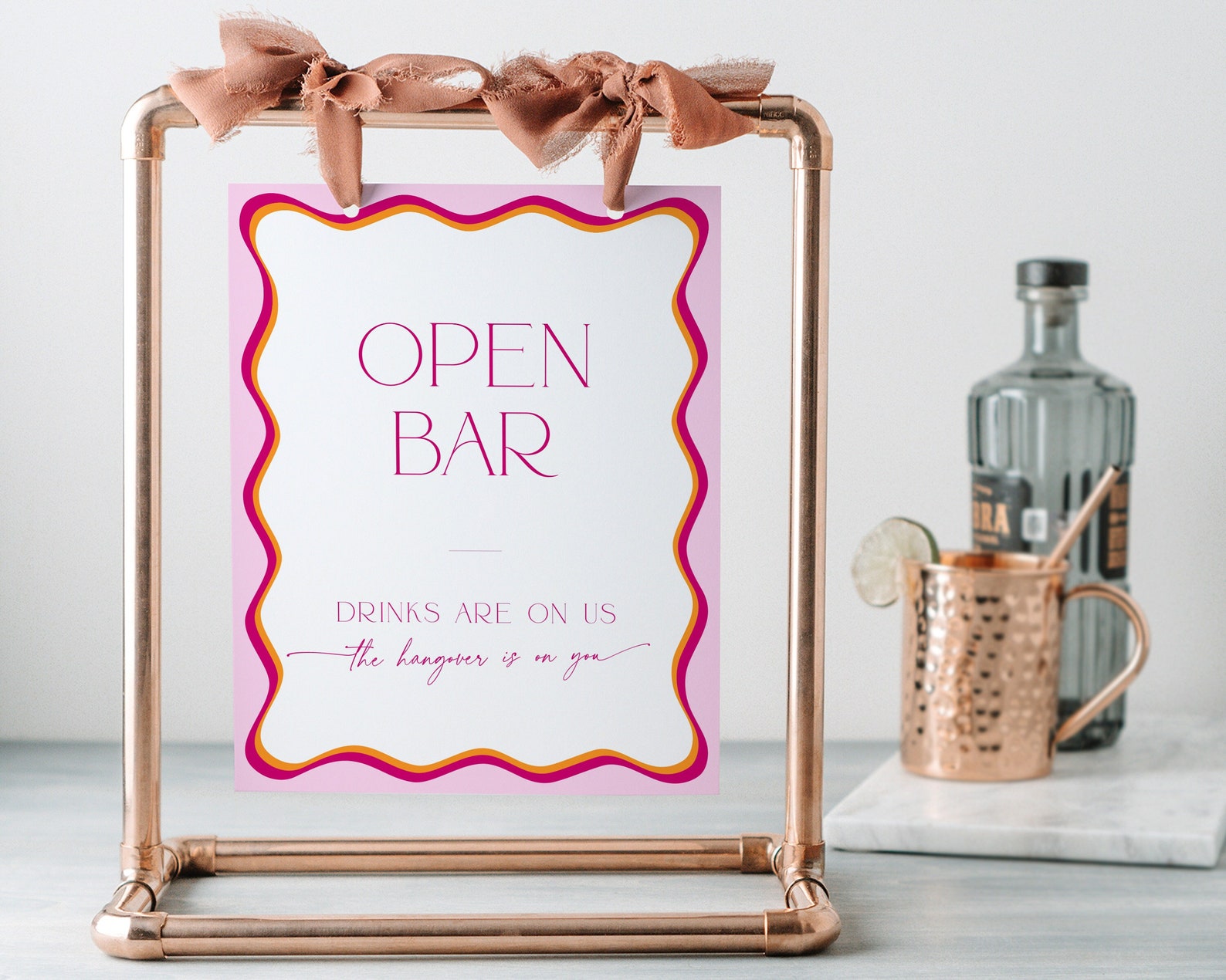 Open Bar Sign Wavy Border Bridal Shower, Modern Pink Bach Party Drinks ...