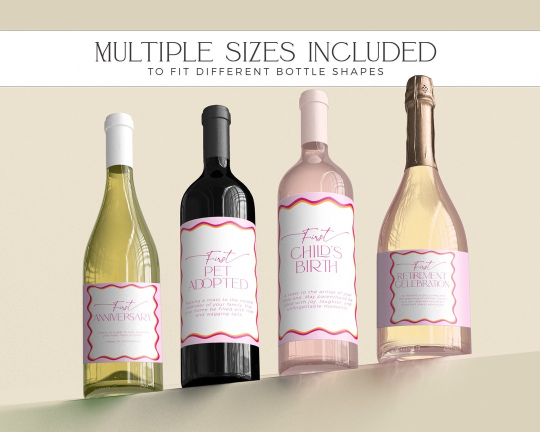 Wavy Border Marriage Milestone Wine Labels, Pink Bachelorette Champagne ...