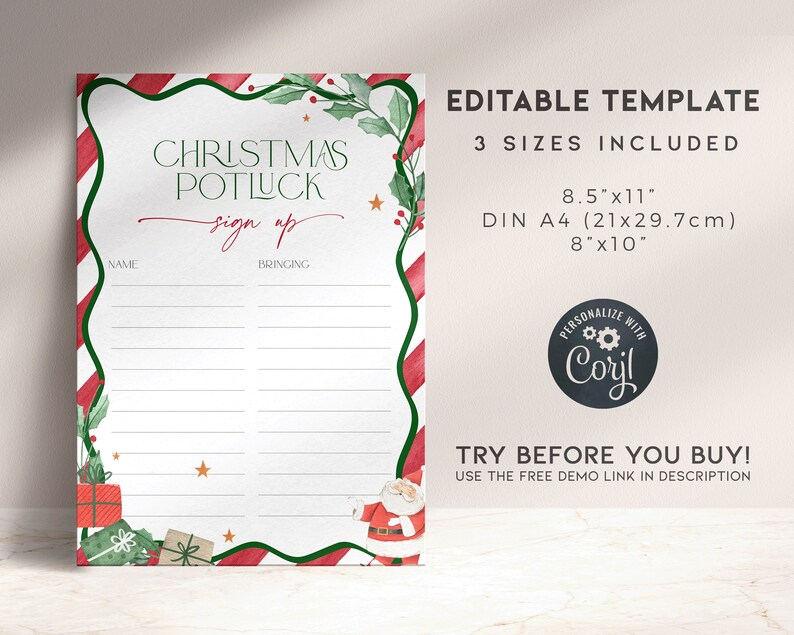 Christmas Potluck List Sign up Template for Office, Printable Xmas Work ...