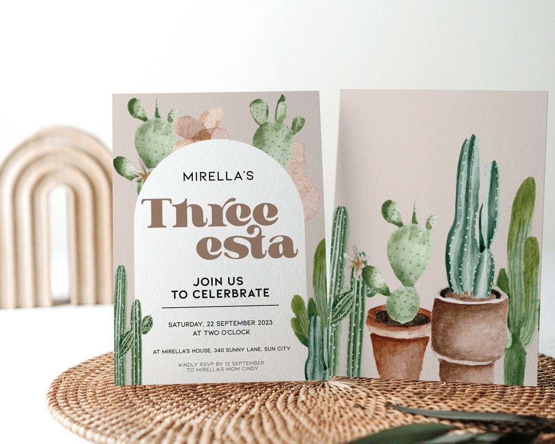 Three Esta Birthday Invitation Digital, Boho Cactus Fiesta 3rd Kids ...