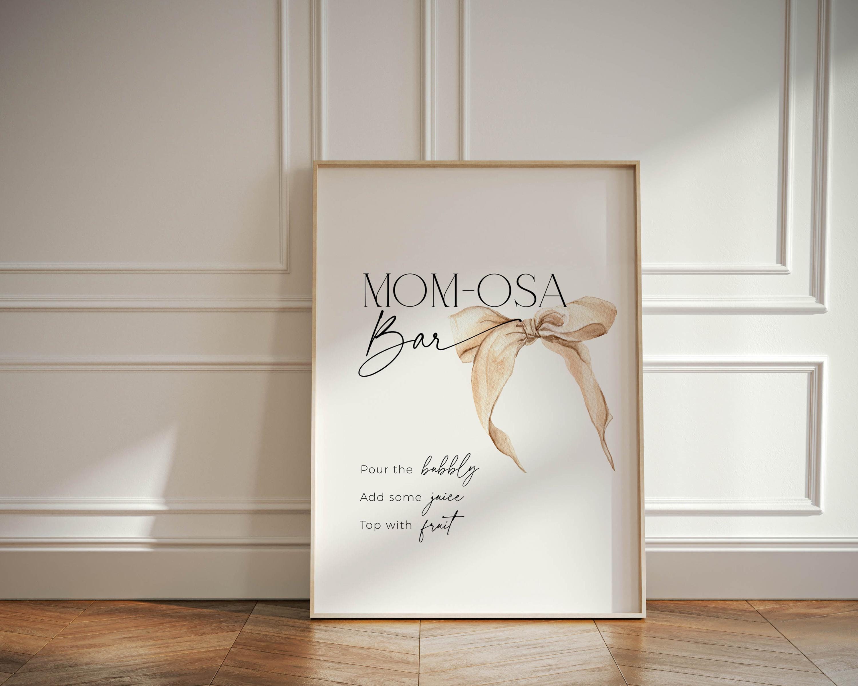Beige Bow Mom-osa Bar Sign, Coquette Gender Neutral Baby Shower ...