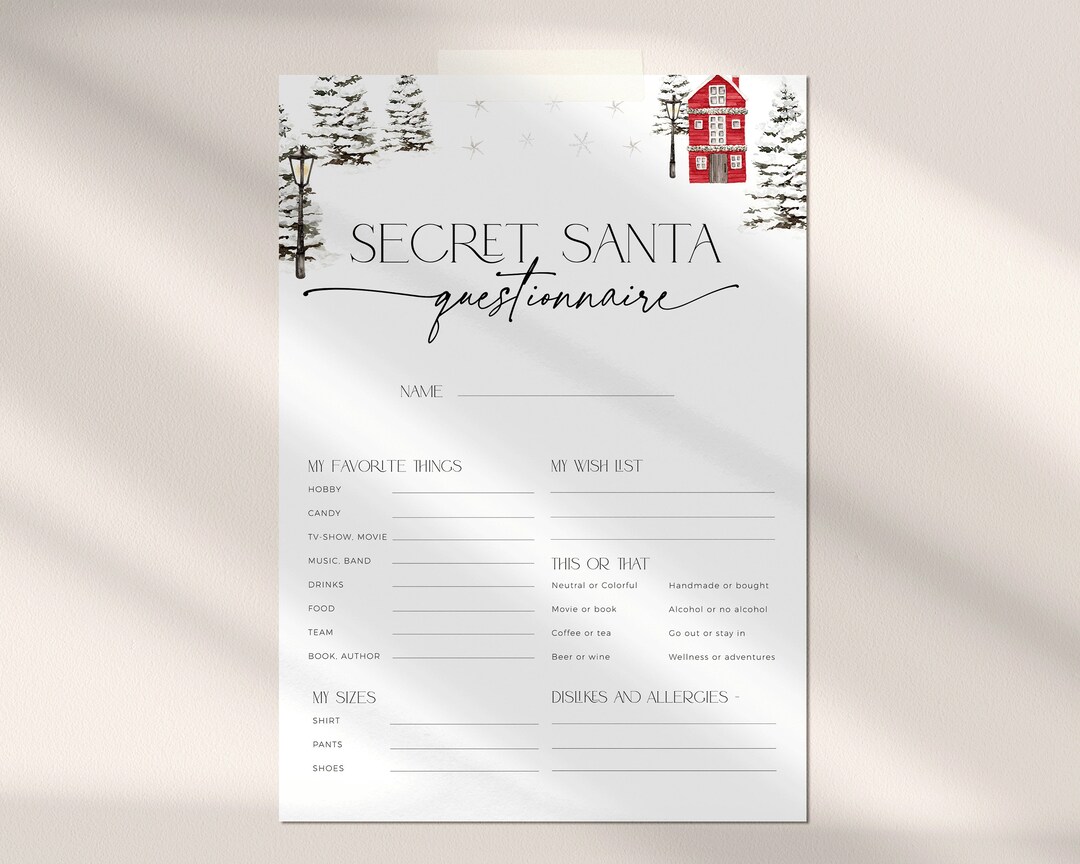 Secret Santa Gift Exchange Questionnaire, Printable Office Christmas ...