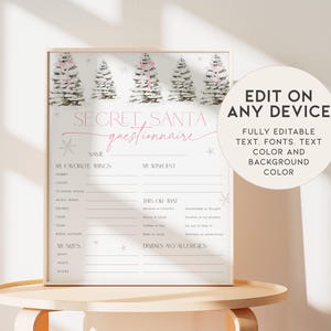 Pink Bow Secret Sister Survey Template, Christmas Santa Party Gift ...