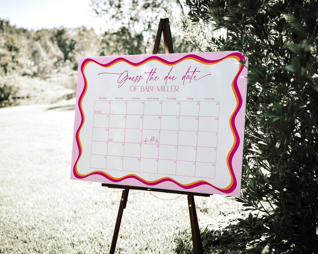 Pink Wavy Border Guess the Due Date Poster Calender Game, Baby Shower ...
