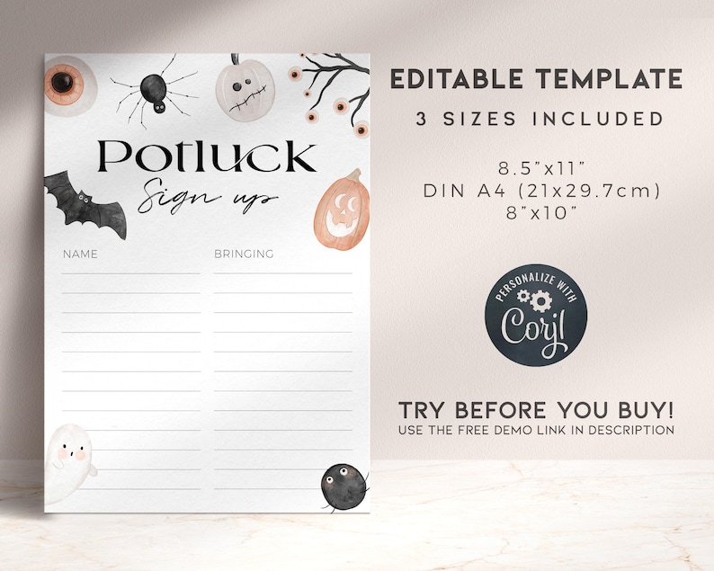 Halloween Potluck Sign-up Sheet Template, Festival Sign up List. Food ...