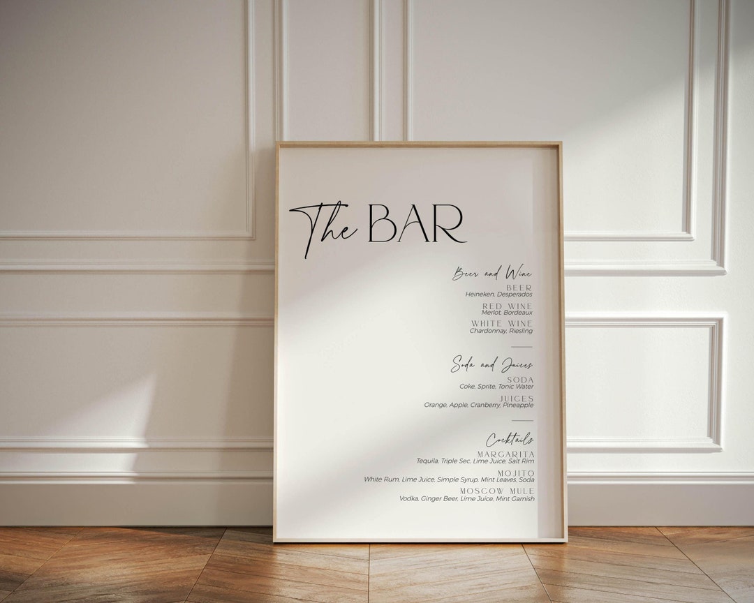Bar Menu Sign Minimalist Bridal Shower, Modern Script Drinks Cocktail ...
