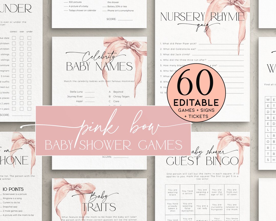 Pink Bow Baby Shower Games Bundle PRINTABLE, Editable Blush Ribbon ...