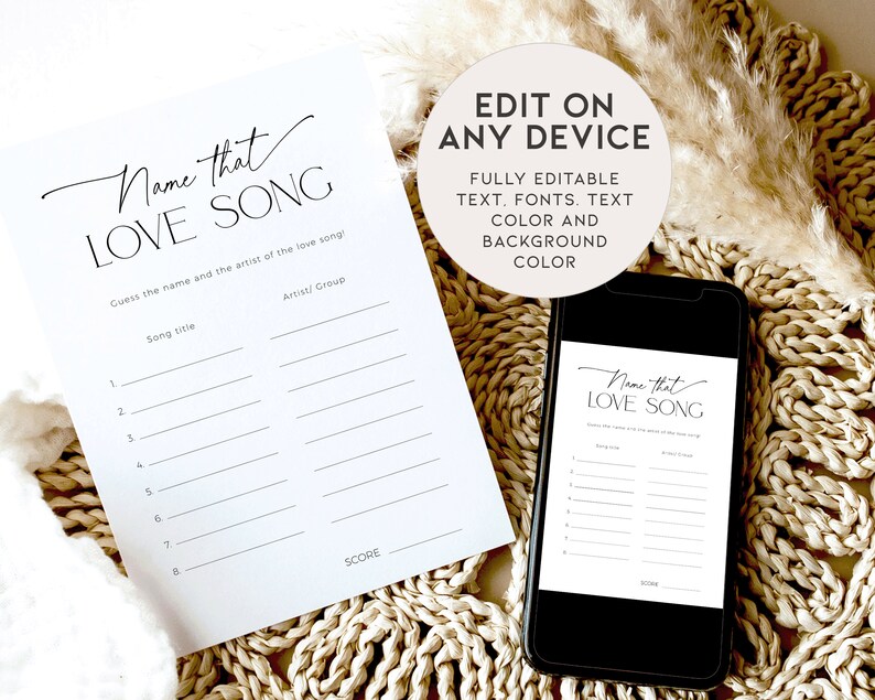 Name That Love Song Game Printable for Bridal Shower, Minimalist ...