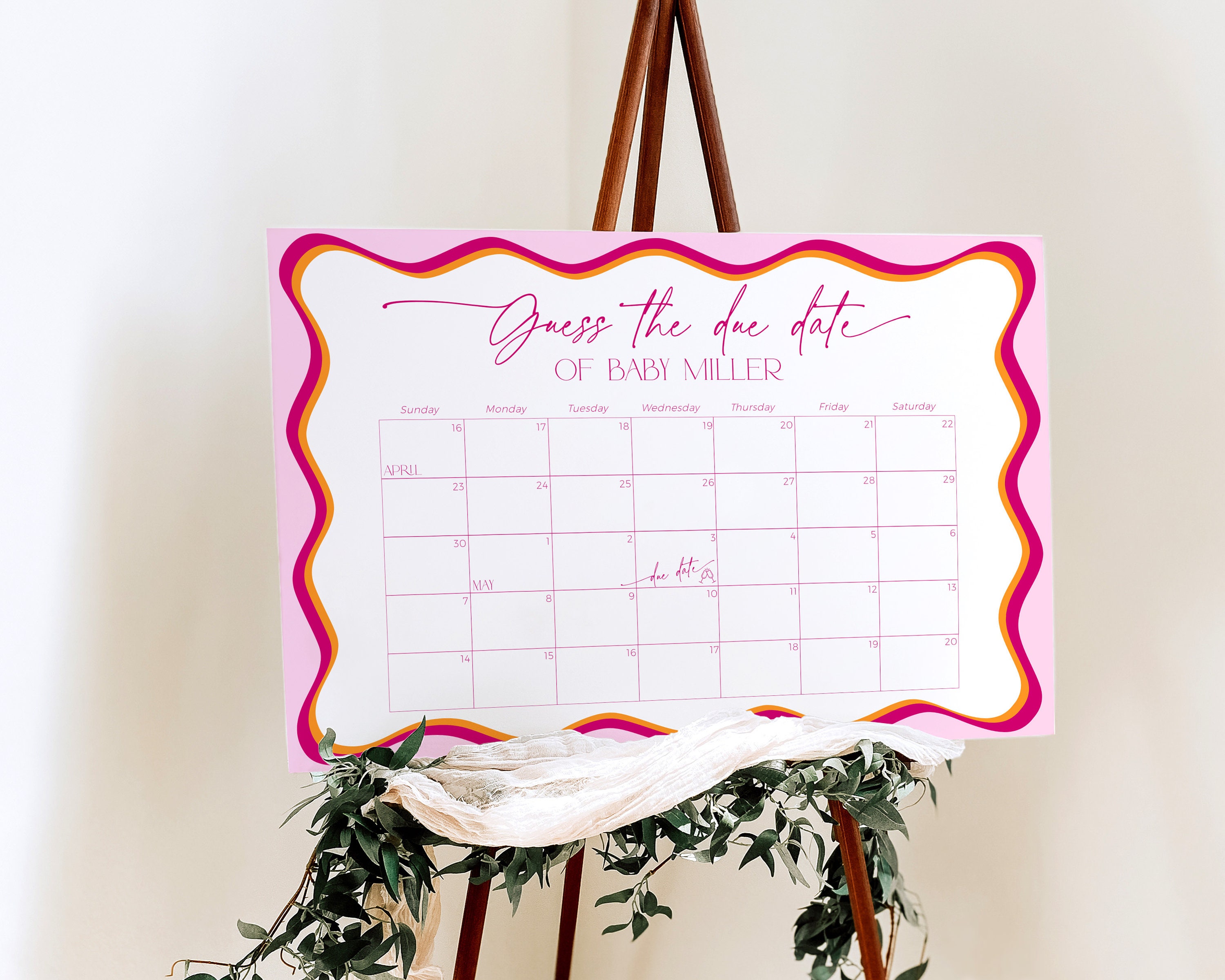 Pink Wavy Border Guess the Due Date Poster Calender Game, Baby Shower ...