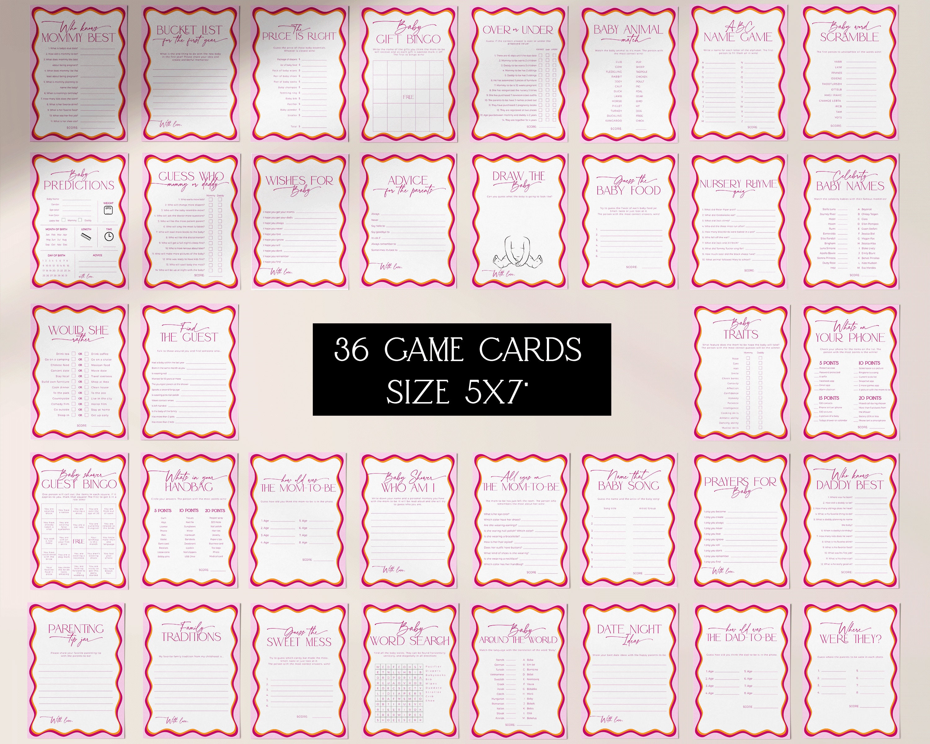 Wavy Printable Games for Baby Shower PRINTABLE, Editable Hot Pink and ...