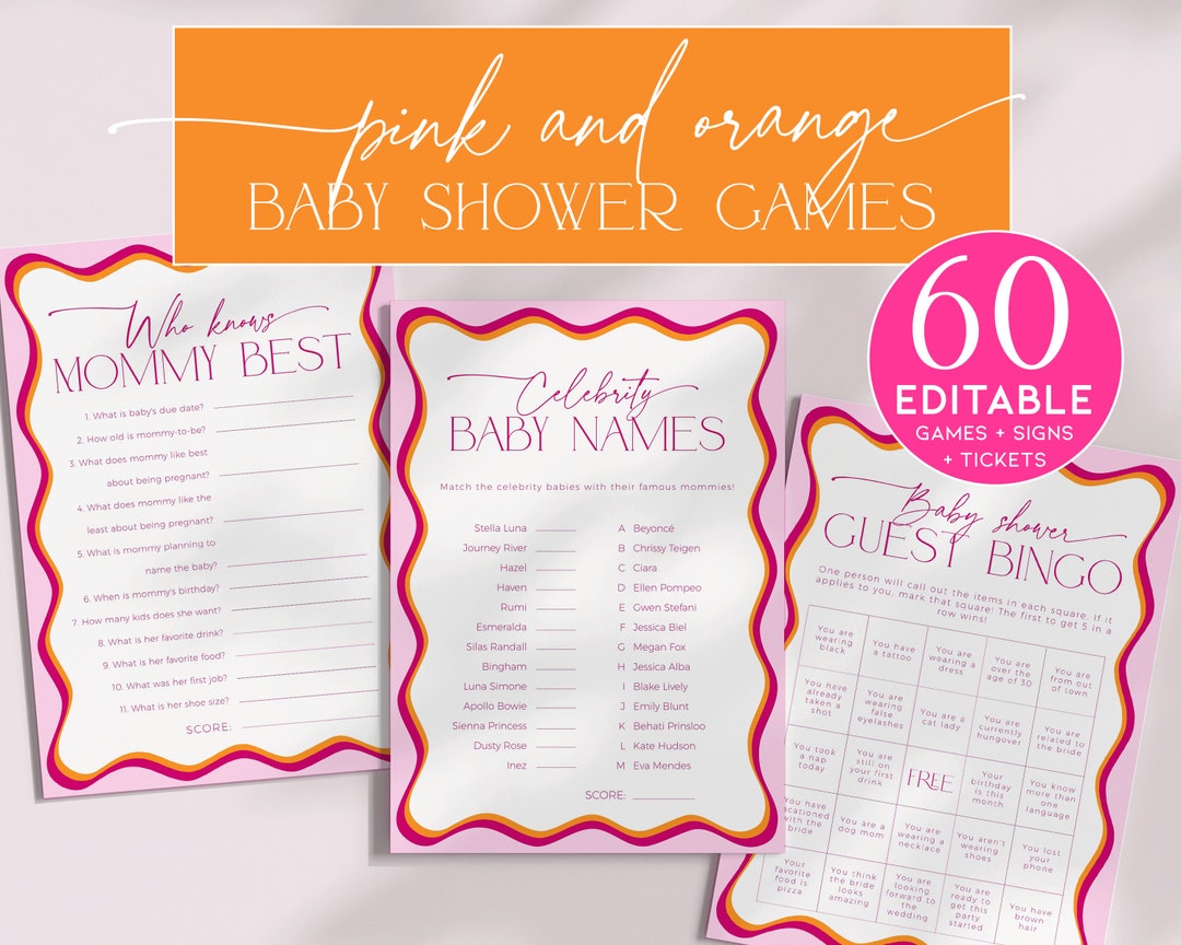 Wavy Printable Games for Baby Shower PRINTABLE, Editable Hot Pink and ...