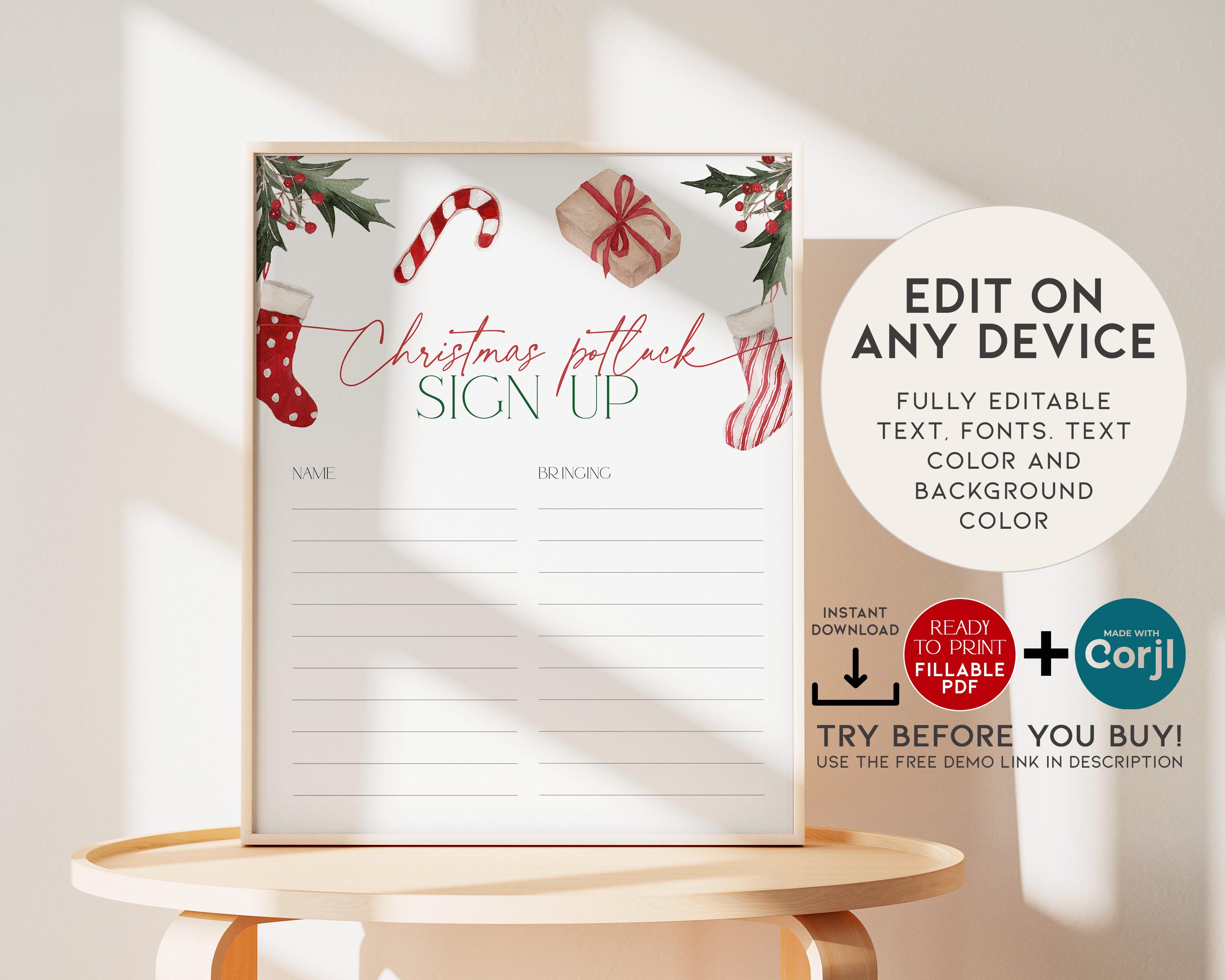 Christmas Potluck Sign up Sheet Template Editable, Printable Xmas ...