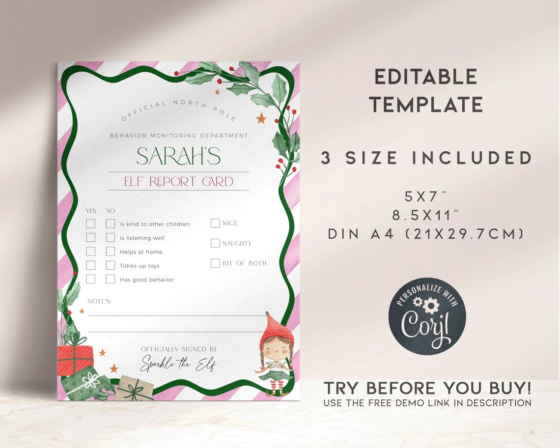 Elf Report Card Girl PRINTABLE, Pink Elf Warning Letter Digital ...