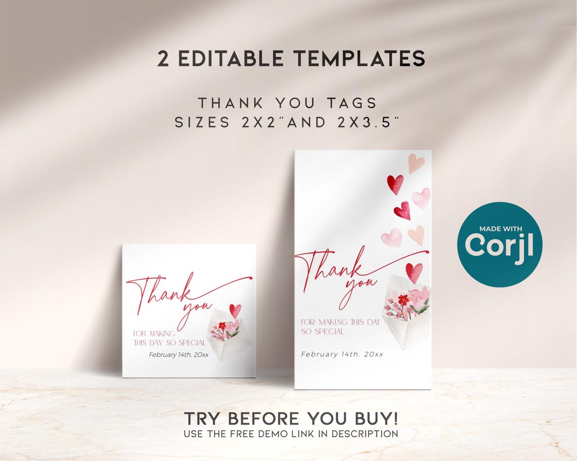 Valentine Thank You Tag Template, Coquette Red Pink Hearts Favor Bag ...