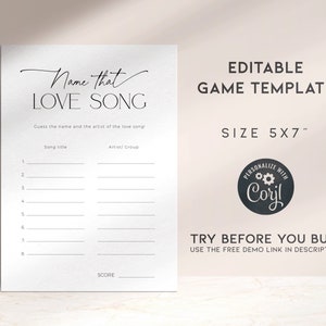 Name That Love Song Game Printable for Bridal Shower, Minimalist ...