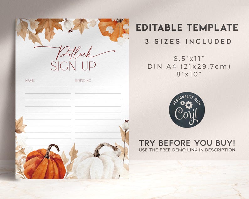 Thanksgiving Sign-up Sheet, Fall Food Potluck Sign up List, Pumpkin ...
